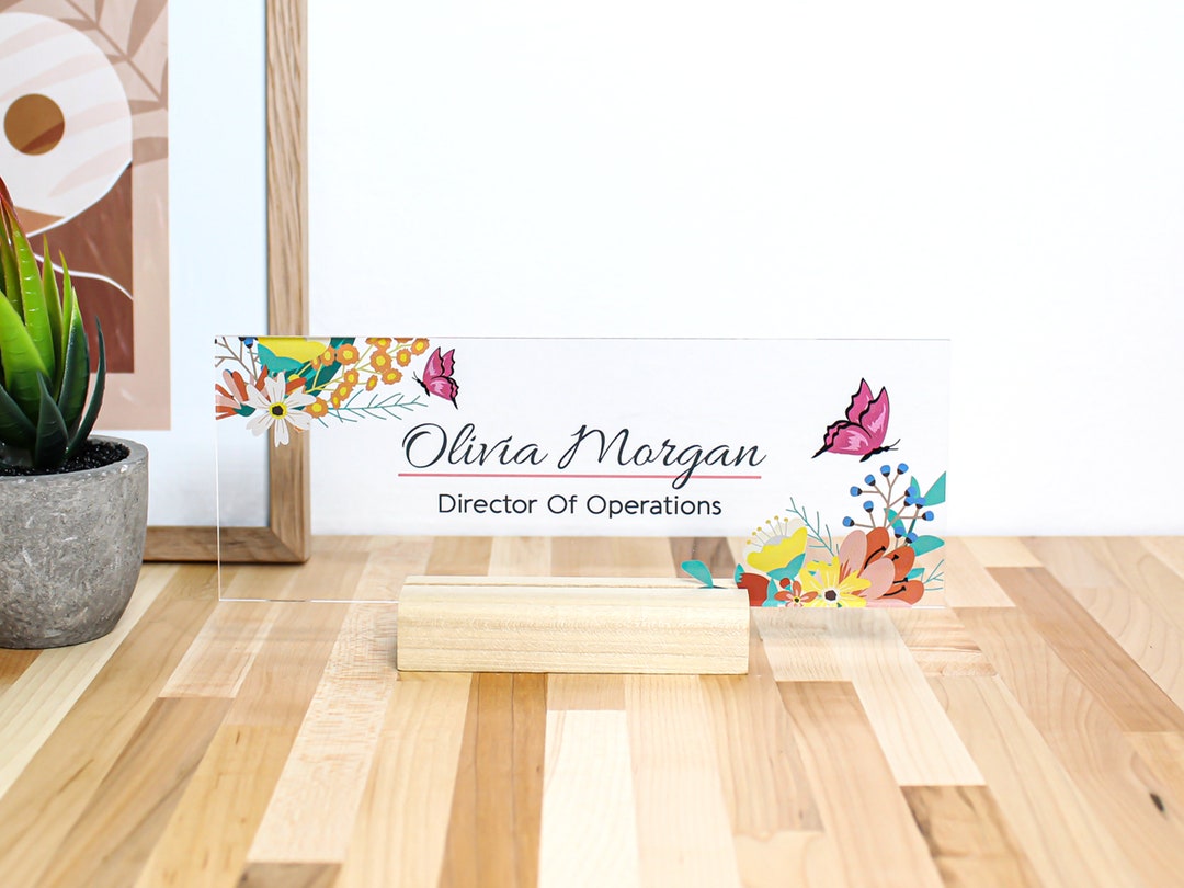 Personalized Name Plate for Desk Flower Design on Clear Acrylic Glass ...