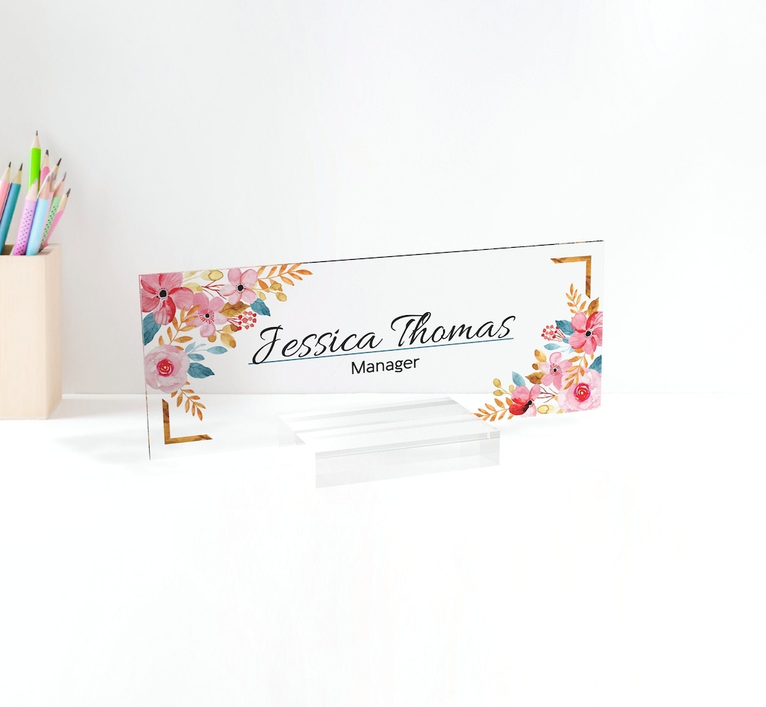 Personalized Name Plate for Desk Floral Design on Clear Acrylic Glass ...