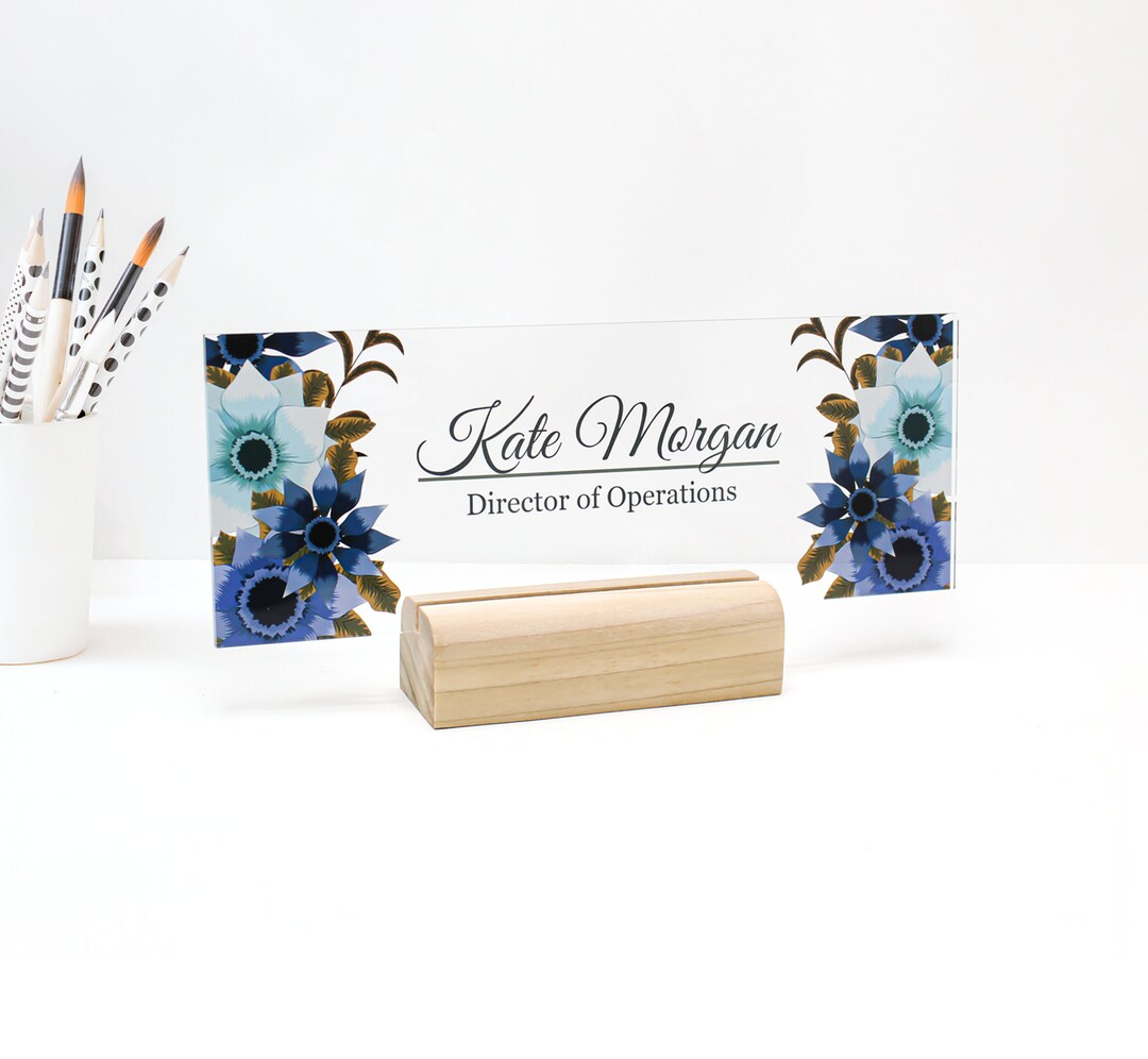 Personalized Name Plate for Desk, Flowers Design on Clear Acrylic Glass ...