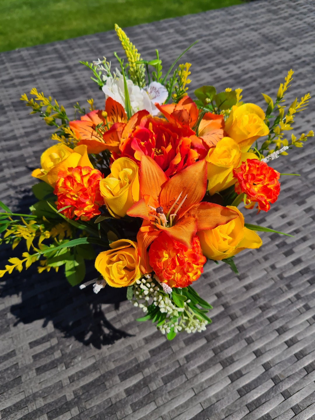 Summer Grave Pot With Orange and Yellow Mixed Floral Bouquet. Memorial ...