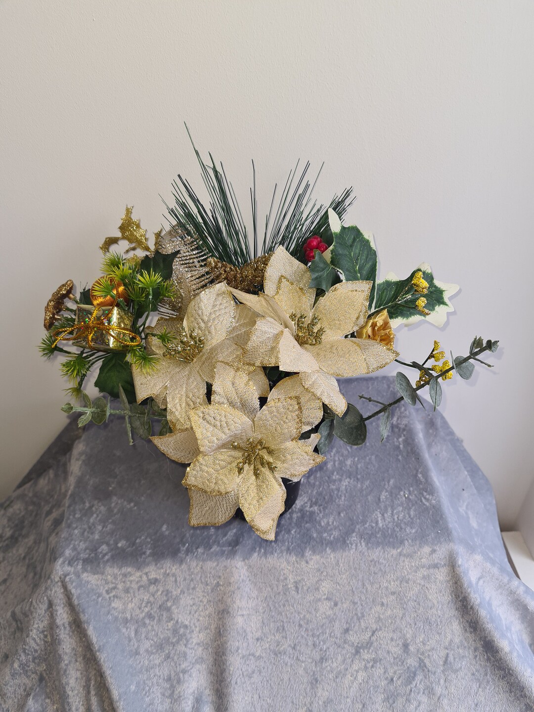 Gold Poinsettia Christmas Grave Pot. Memorial Christmas Floral Display ...