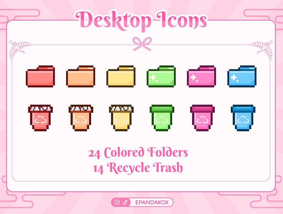 Pixel Colored Folders and Recycle Bins, Computer Desktop Icons, Retro ...