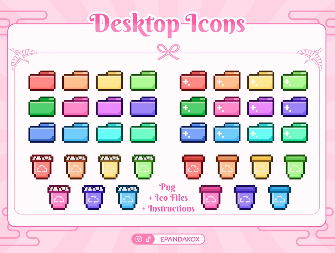 Pixel Colored Folders and Recycle Bins, Computer Desktop Icons, Retro ...