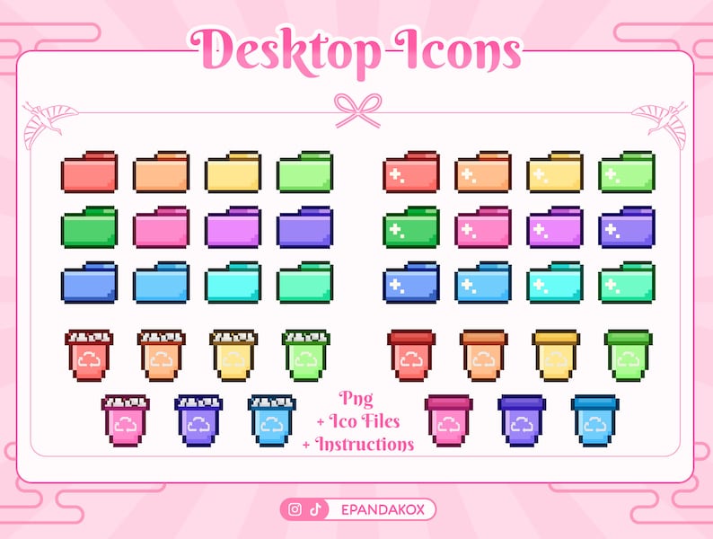 Pixel Colored Folders and Recycle Bins, Computer Desktop Icons, Retro ...