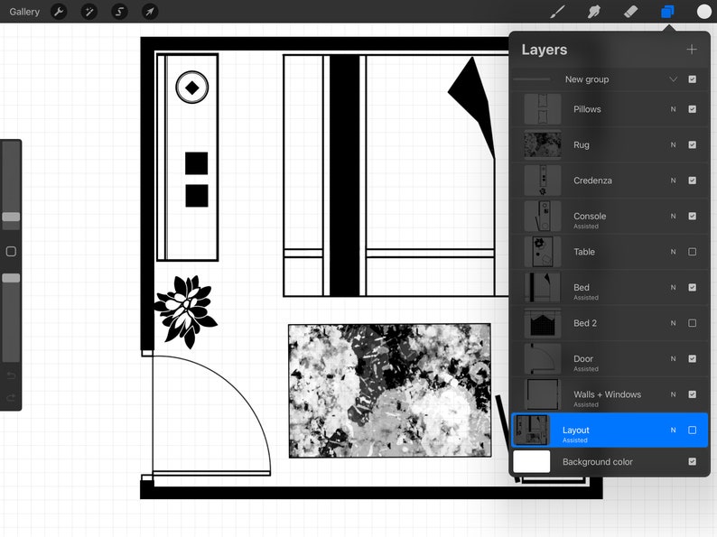 Architectural Bedroom Layout for Procreate | Bedroom Design 45 | Bedroom Floor Plan | Procreate ...