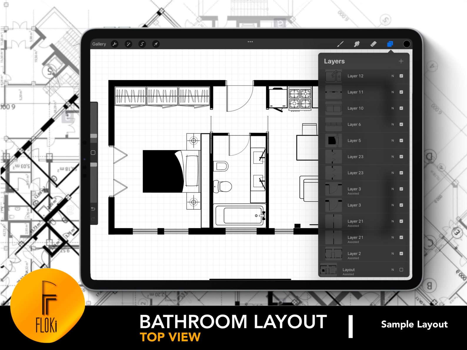 Architectural Bathroom Layout for Procreate | Bathroom Design 26 ...