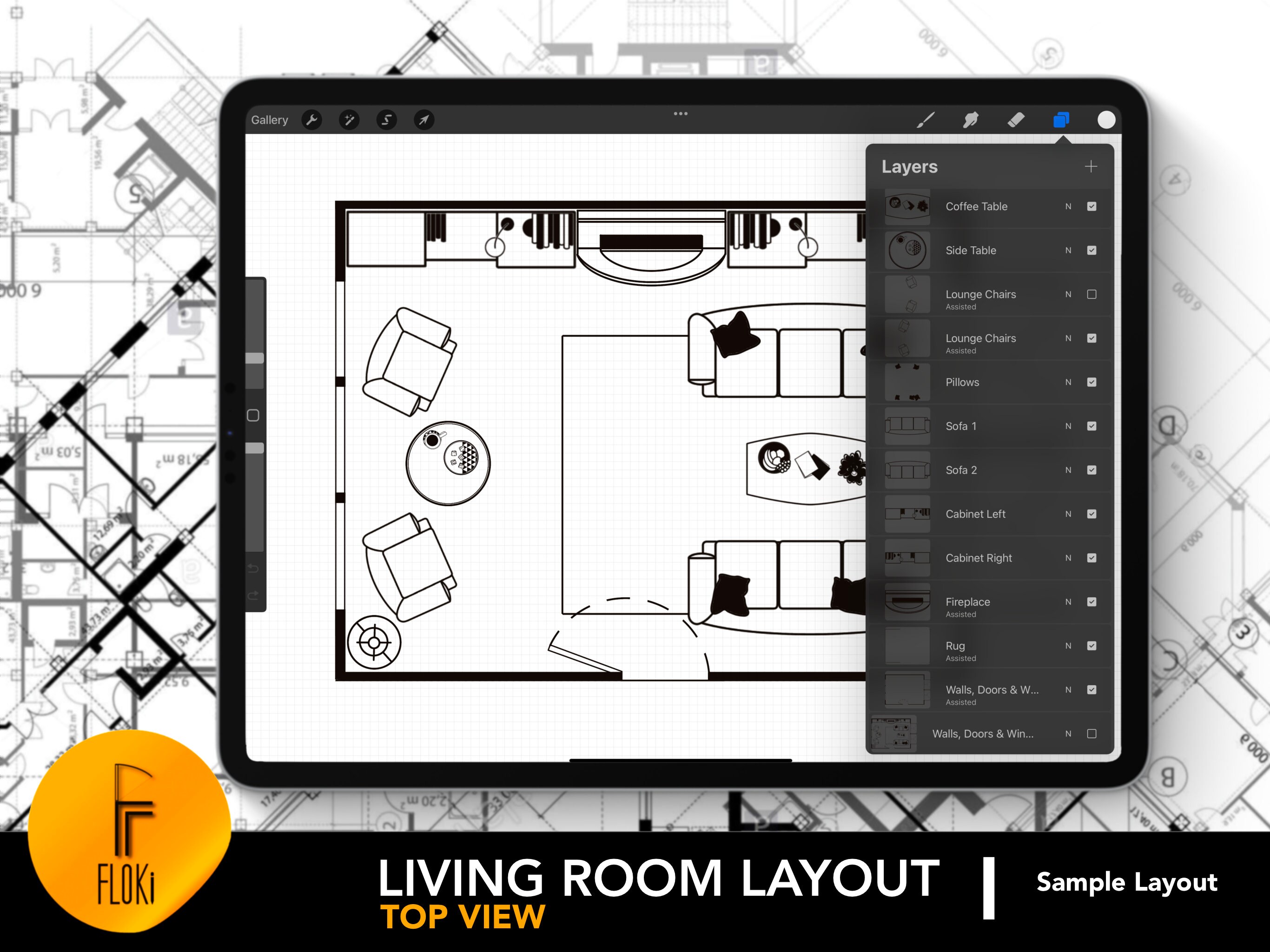 Architectural Living Room Layout for Procreate | Living Room Design 7 ...