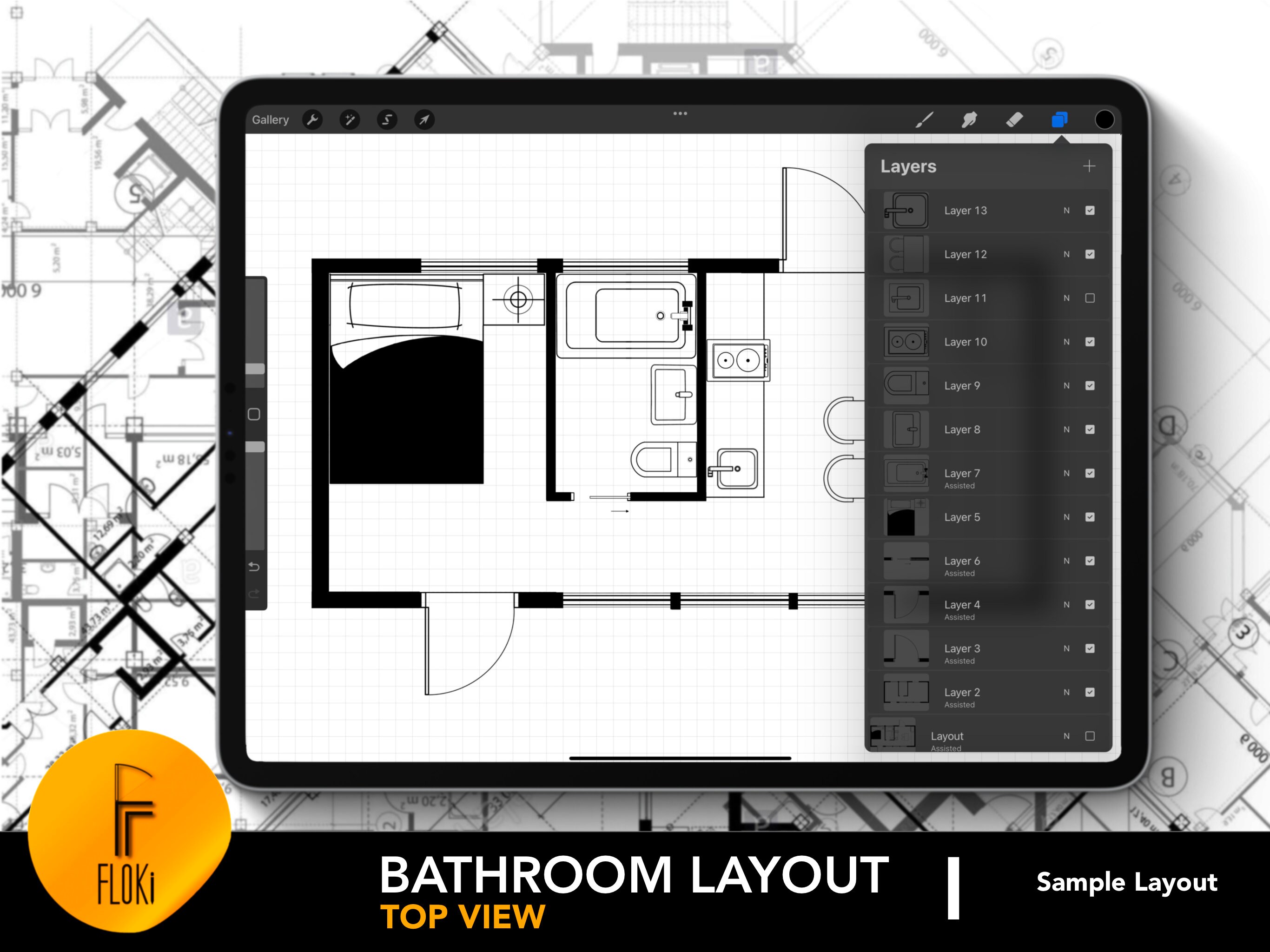 Architectural Bathroom Layout for Procreate | Bathroom Design 25 ...