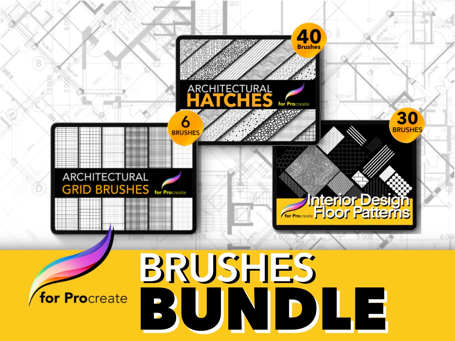Designer's Starter Kit Brush Bundle for Procreate 76 Basic Architectural Gridlines, Hatches ...