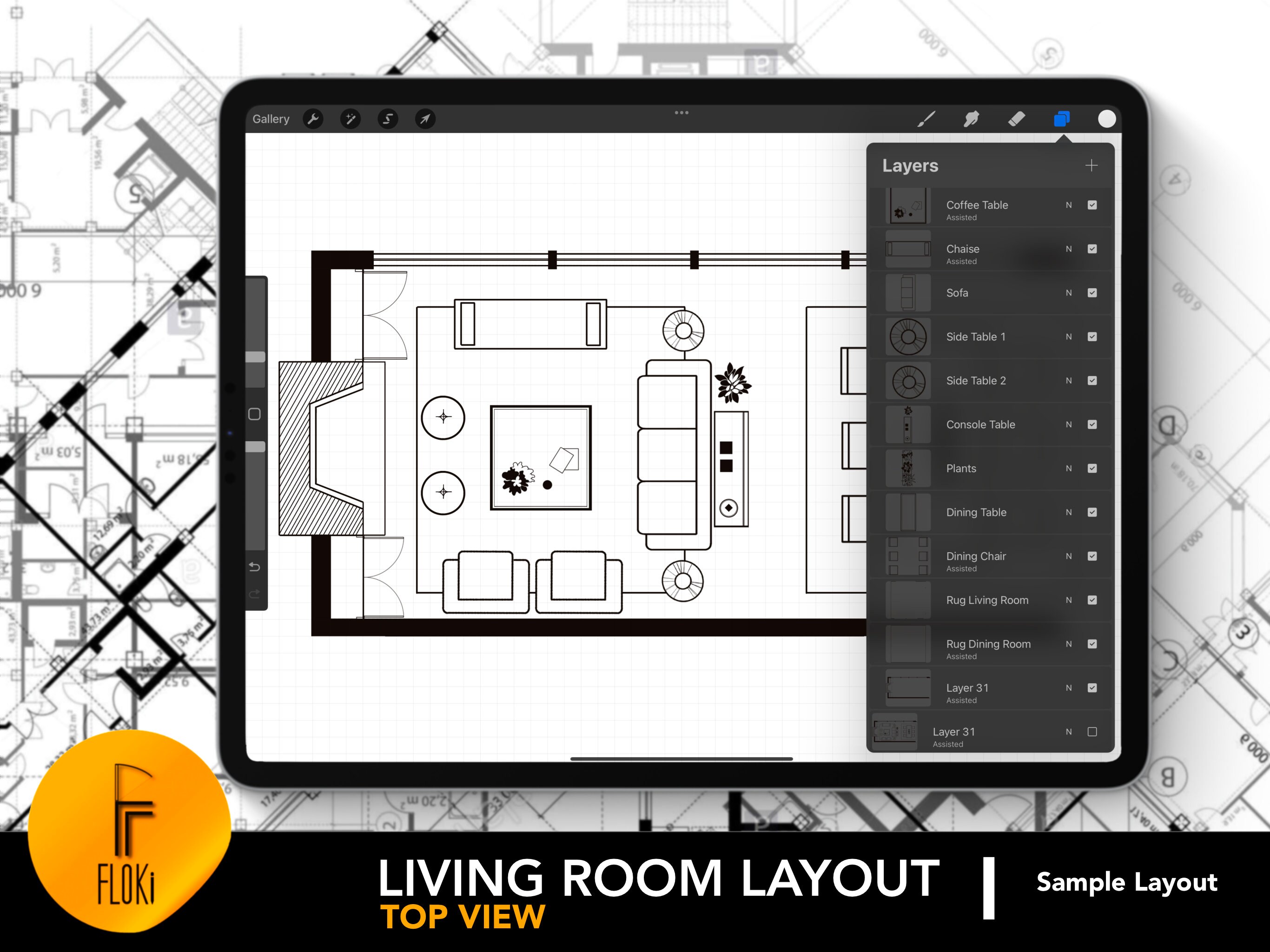 Architectural Living Room Layout for Procreate | Living Room Design 16 ...