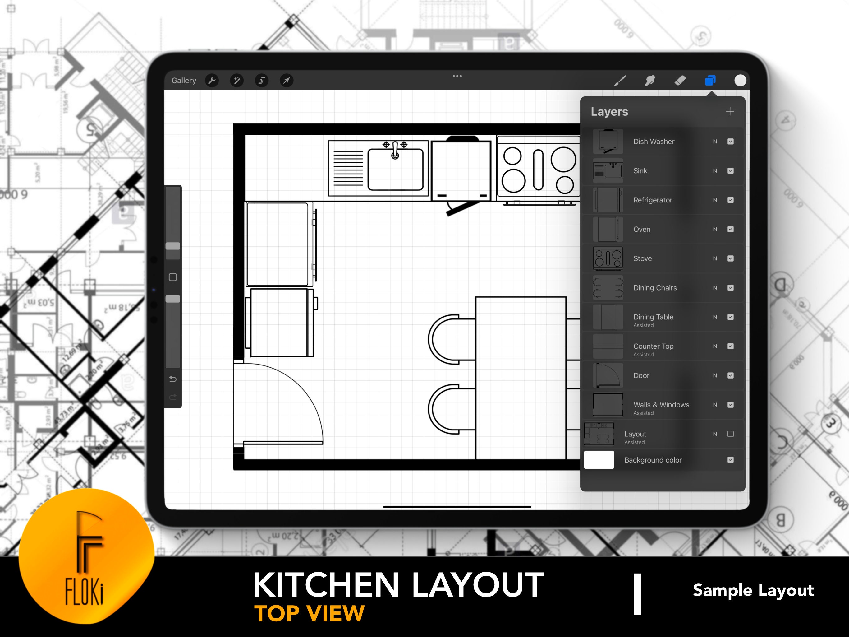 Architectural Kitchen Layout for Procreate | Kitchen Design 17 ...