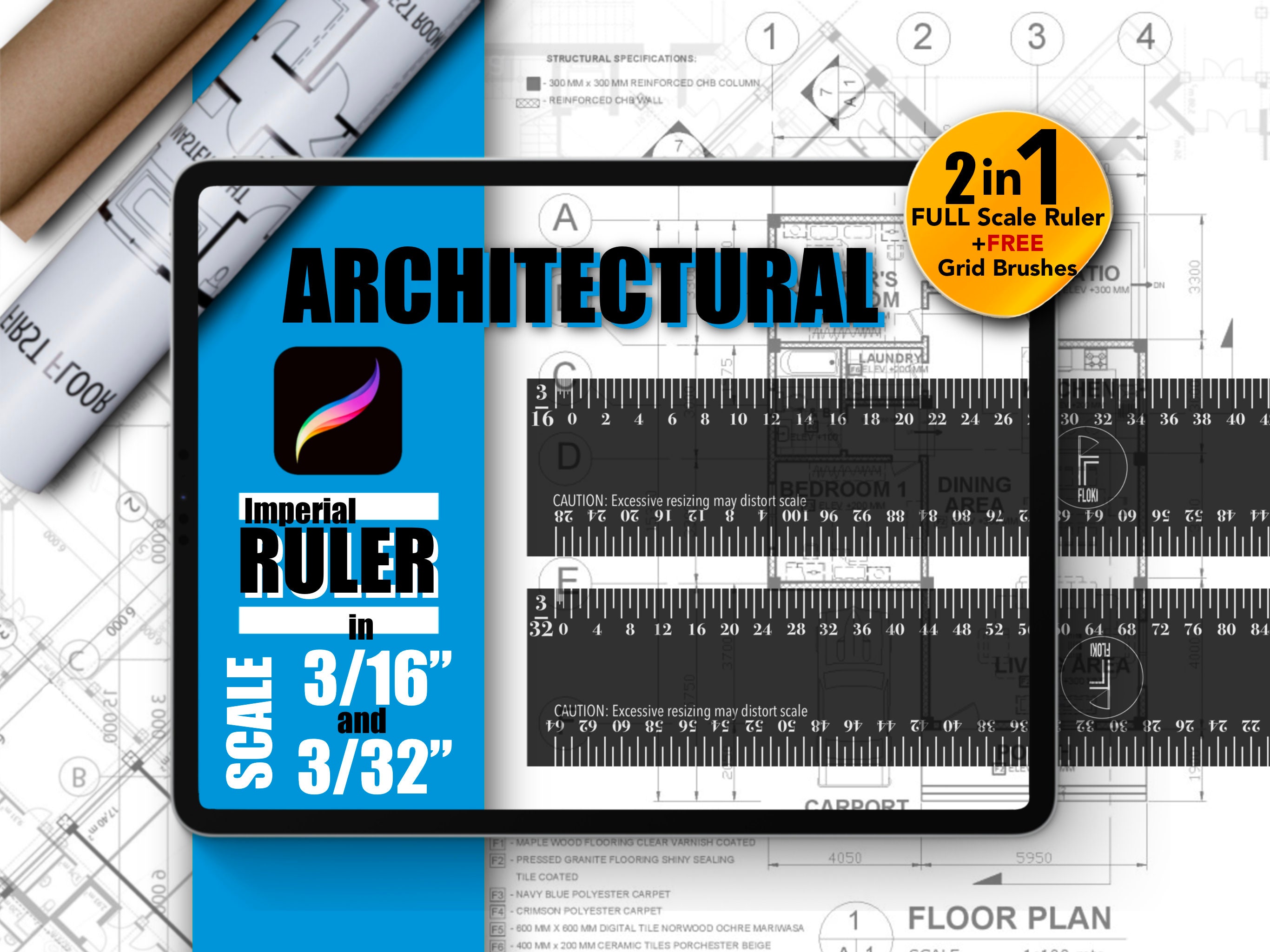 Procreate Architectural Rulers 2-in-1 Imperial/english Scale Ruler 3/16 ...