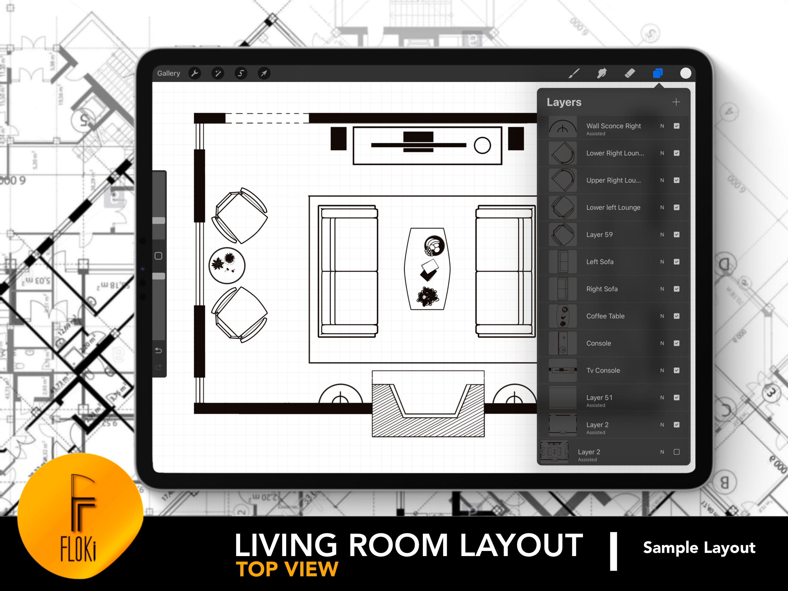 Architectural Living Room Layout for Procreate | Living Room Design 18 ...