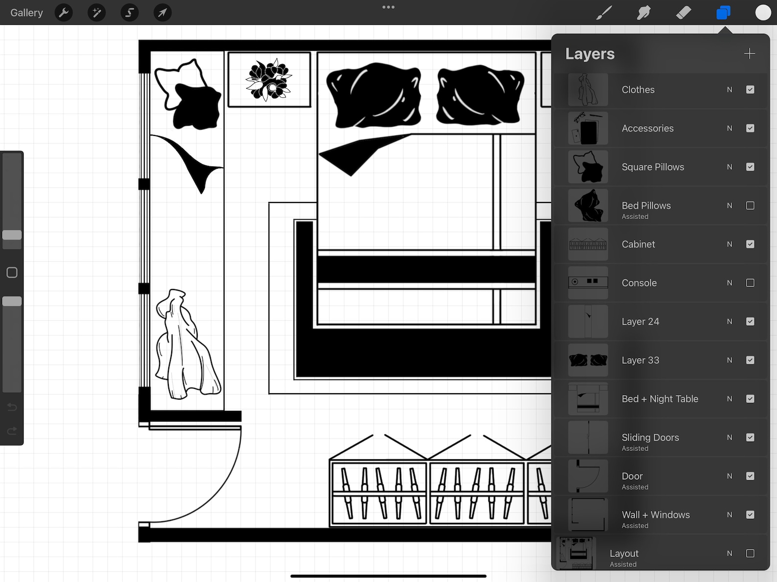 Architectural Bedroom Layout for Procreate | Bedroom Design 5| Bedroom ...