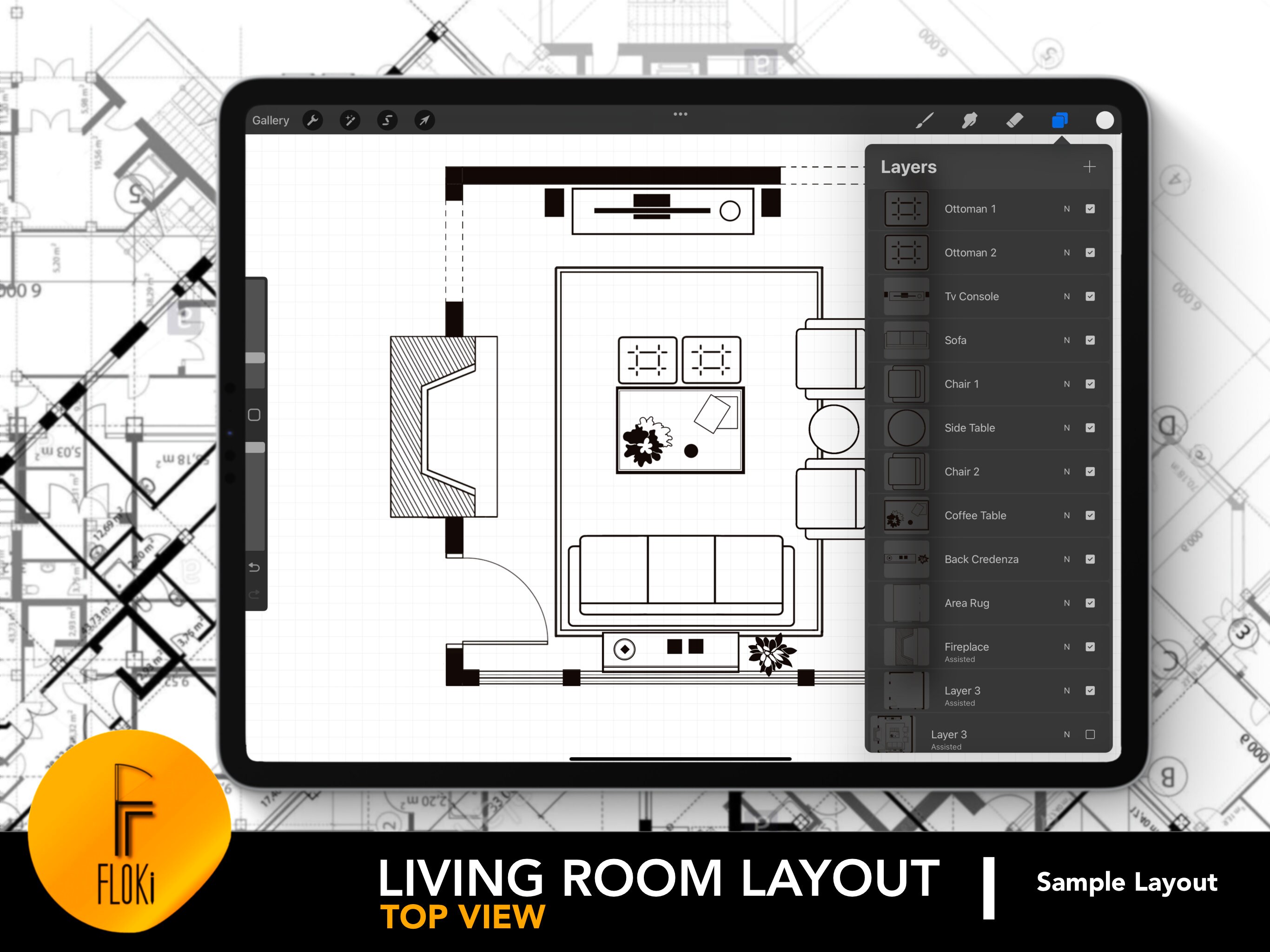 Architectural Living Room Layout for Procreate | Living Room Design 25 ...