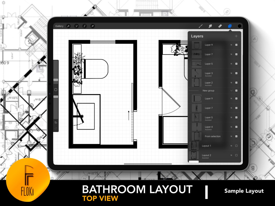 Architectural Bathroom Layout for Procreate | Bathroom Design 50 ...