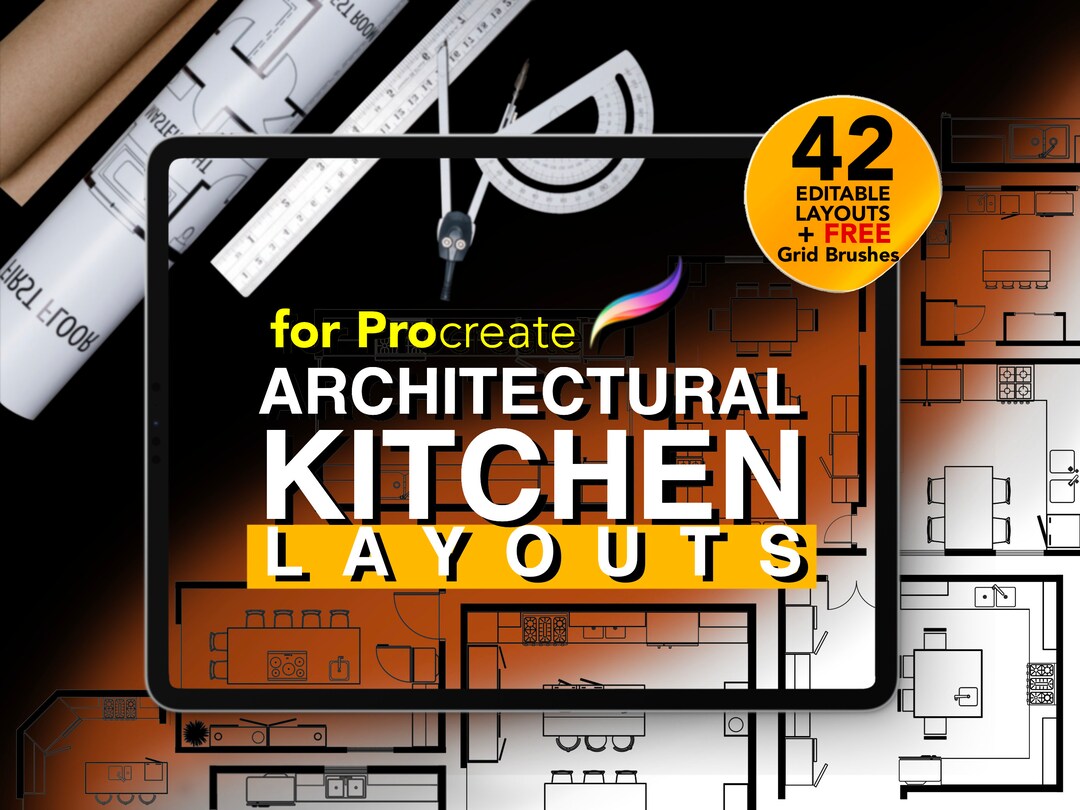 42 Architectural Kitchen Layouts for Procreate | Editable Kitchen Floor ...
