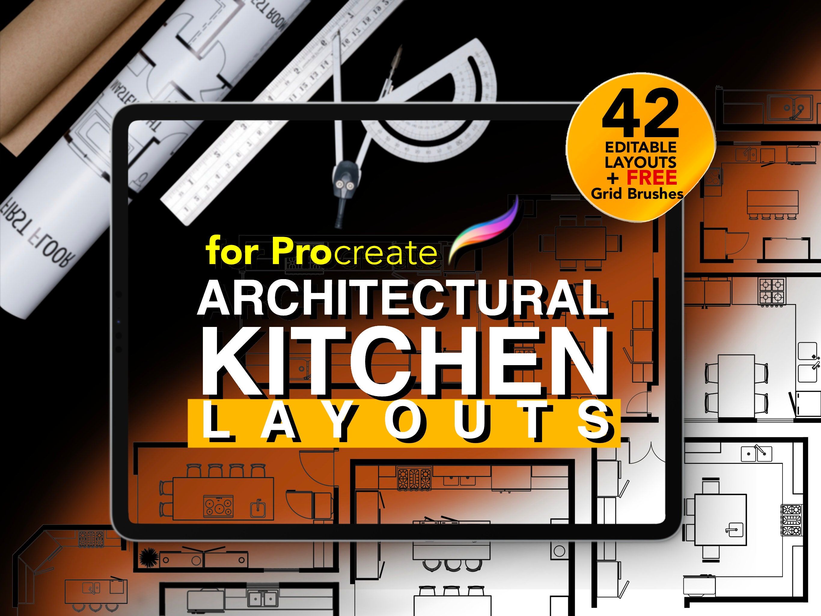 42 Architectural Kitchen Layouts for Procreate | Editable Kitchen Floor ...