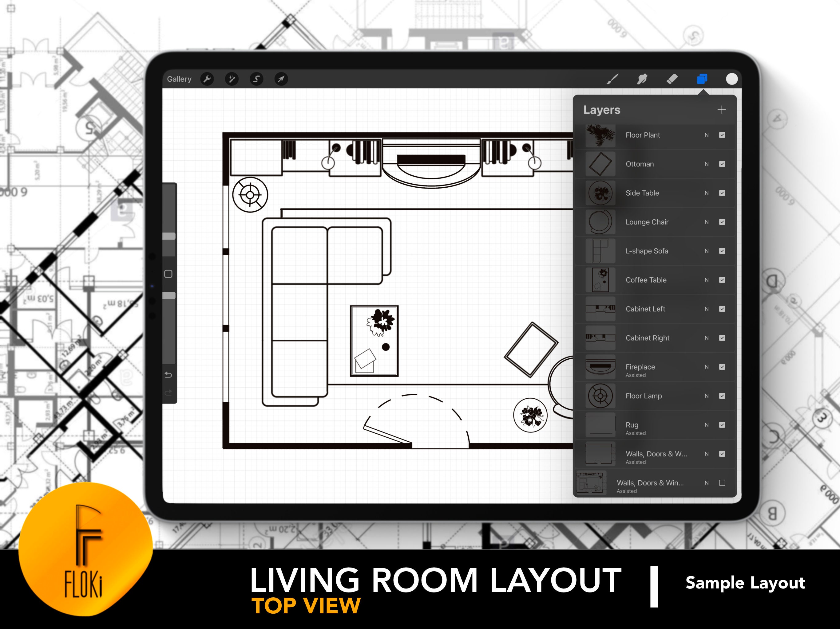 Architectural Living Room Layout for Procreate | Living Room Design 4 ...