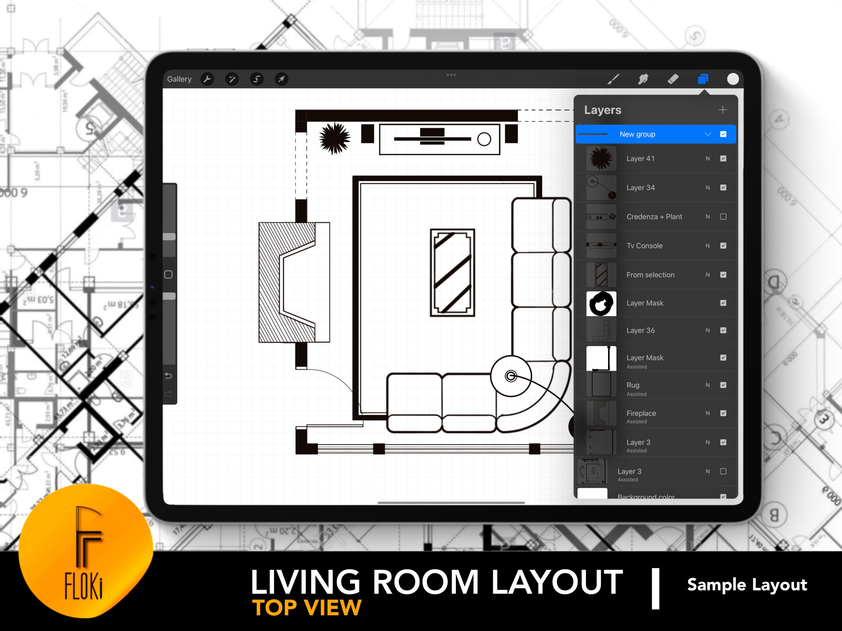 Architectural Living Room Layout for Procreate | Living Room Design 28 ...