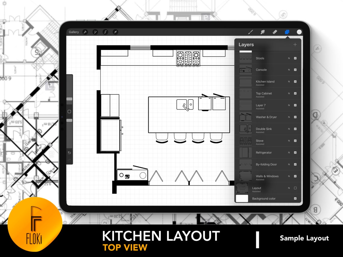 Architectural Kitchen Layout for Procreate | Kitchen Design 15 ...
