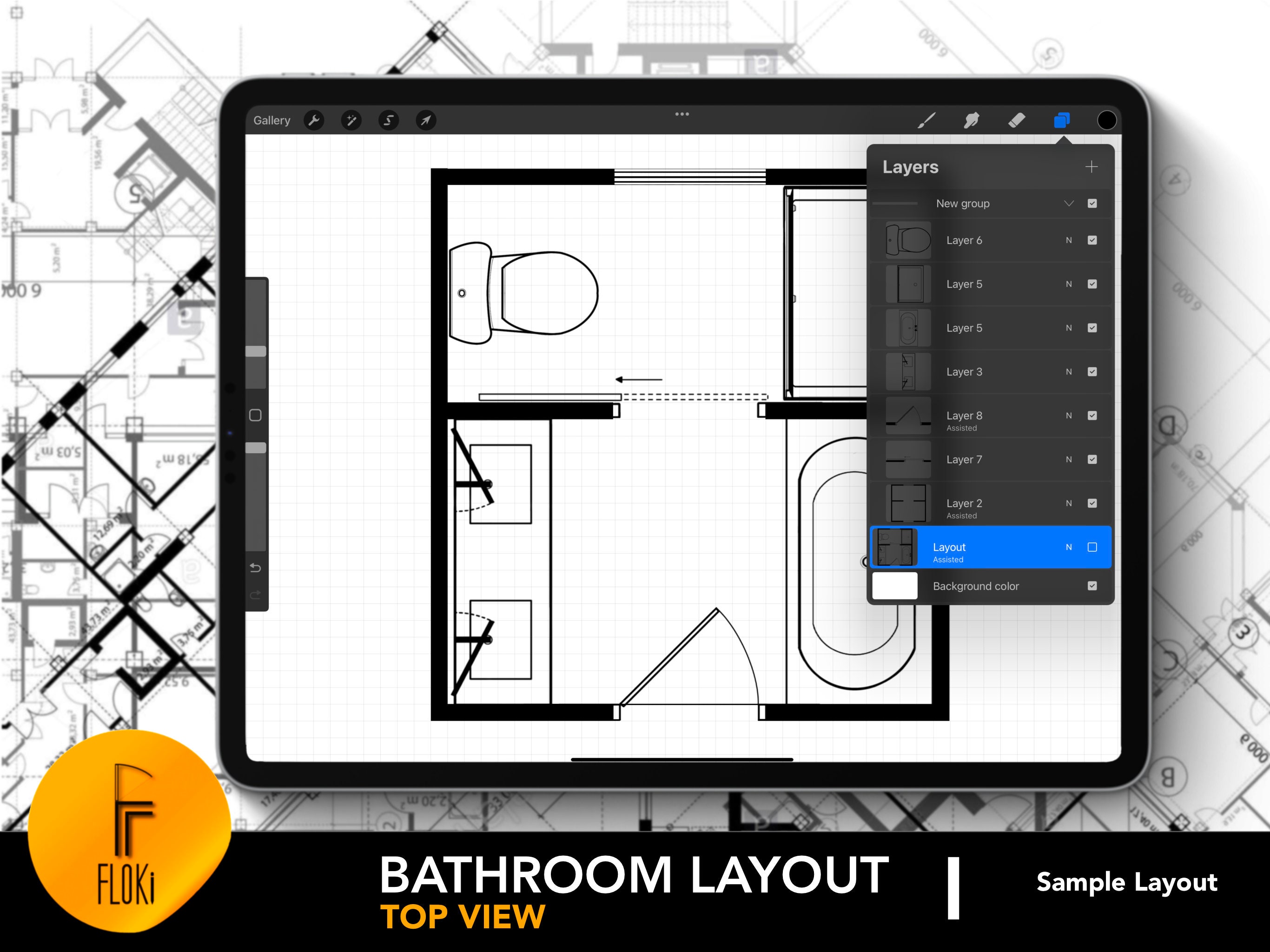 Architectural Bathroom Layout for Procreate | Bathroom Design 13 ...