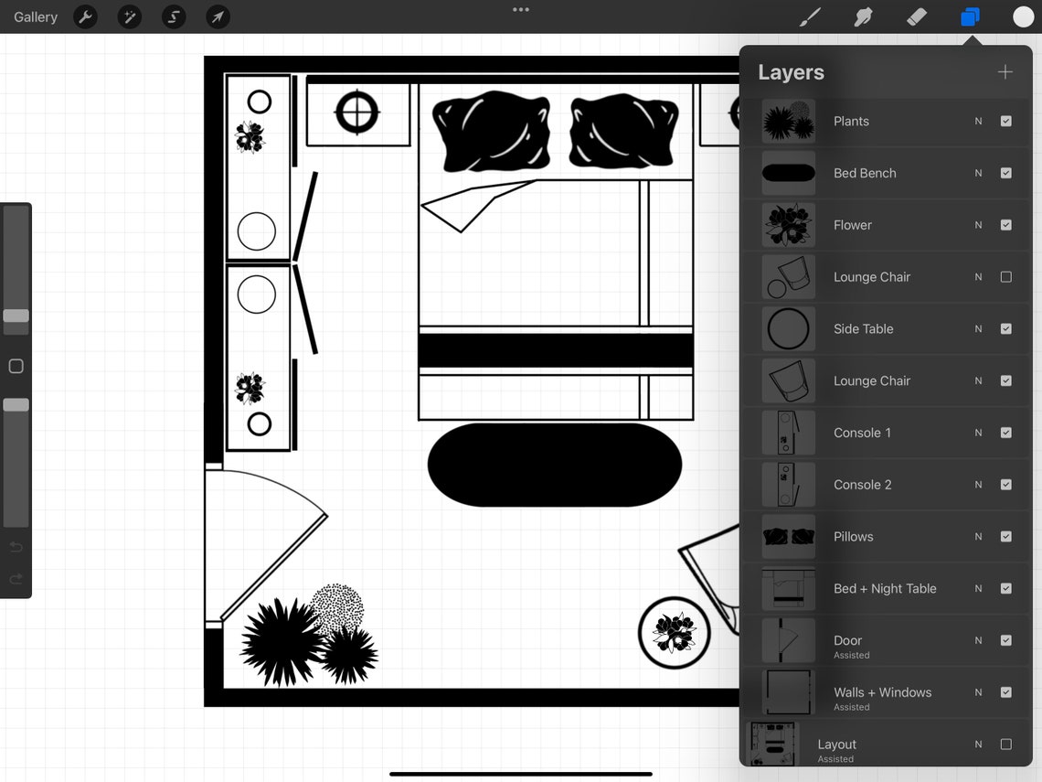 Architectural Bedroom Layout for Procreate | Bedroom Design 9 | Bedroom ...