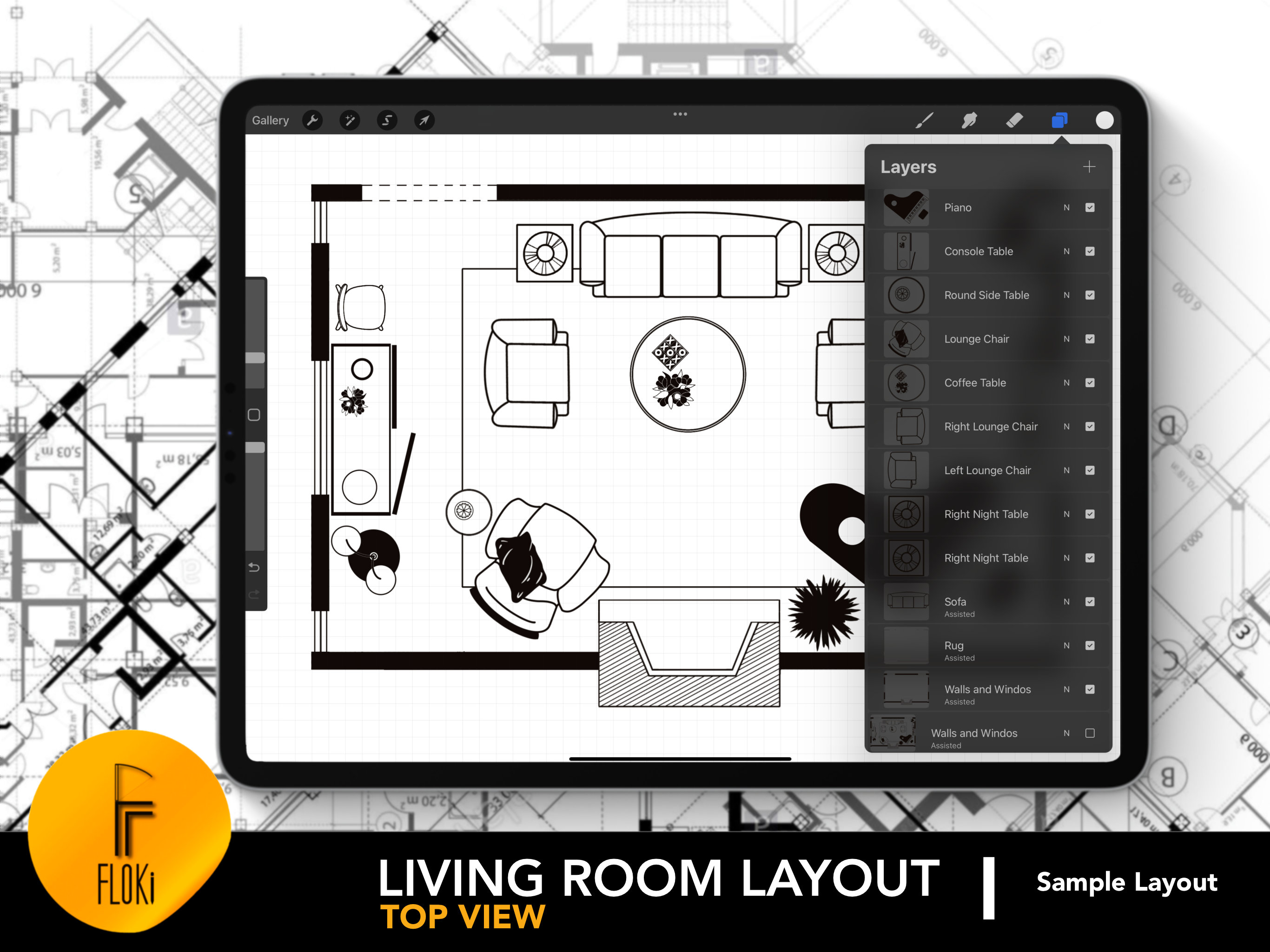 Architectural Living Room Layout for Procreate | Living Room Design 21 ...