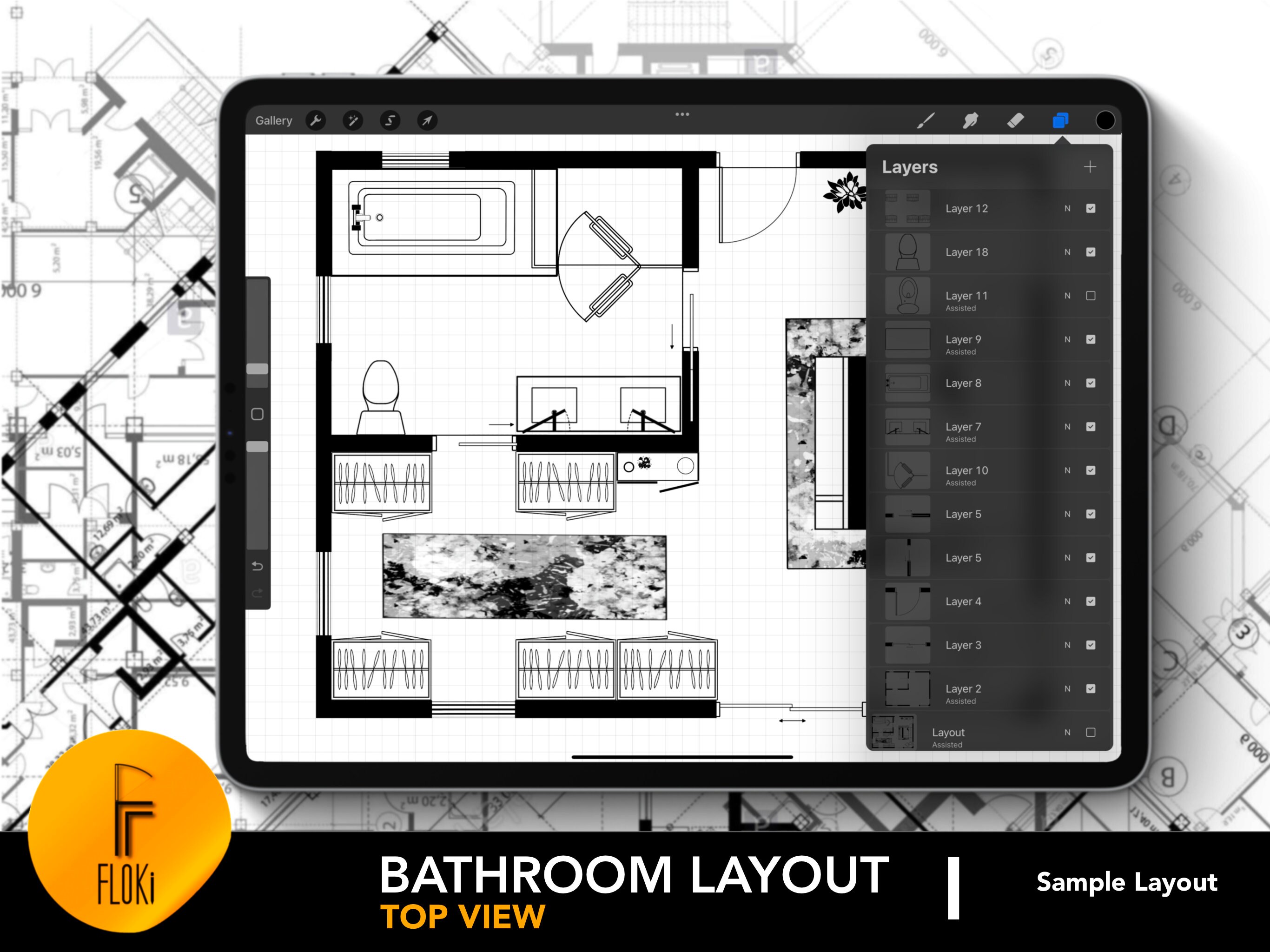 Architectural Bathroom Layout for Procreate | Bathroom Design 31 ...