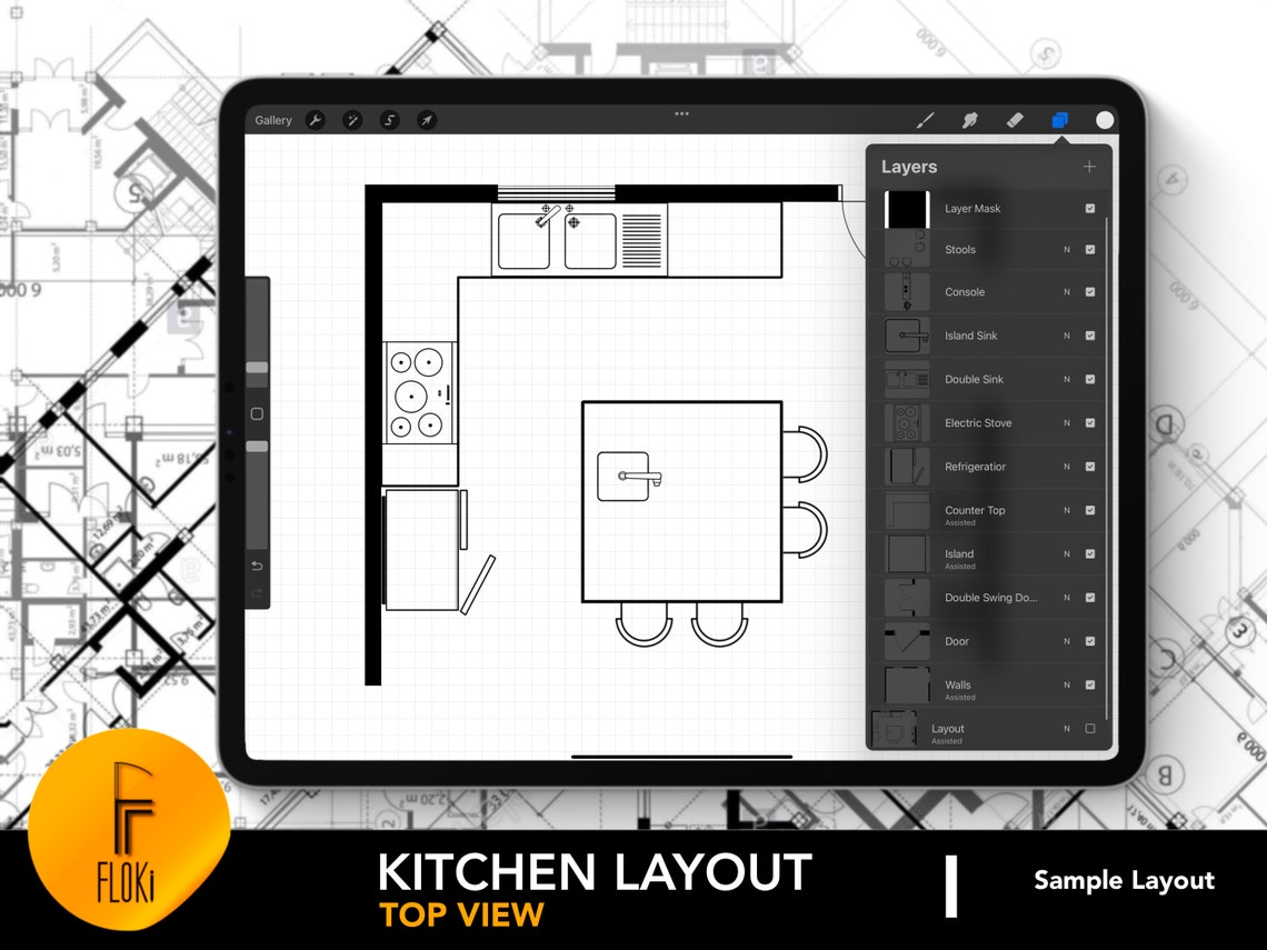 Architectural Kitchen Layout for Procreate | Kitchen Design 8 | Kitchen ...