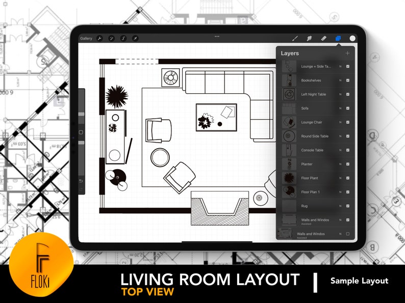Architectural Living Room Layout for Procreate | Living Room Design 22 ...