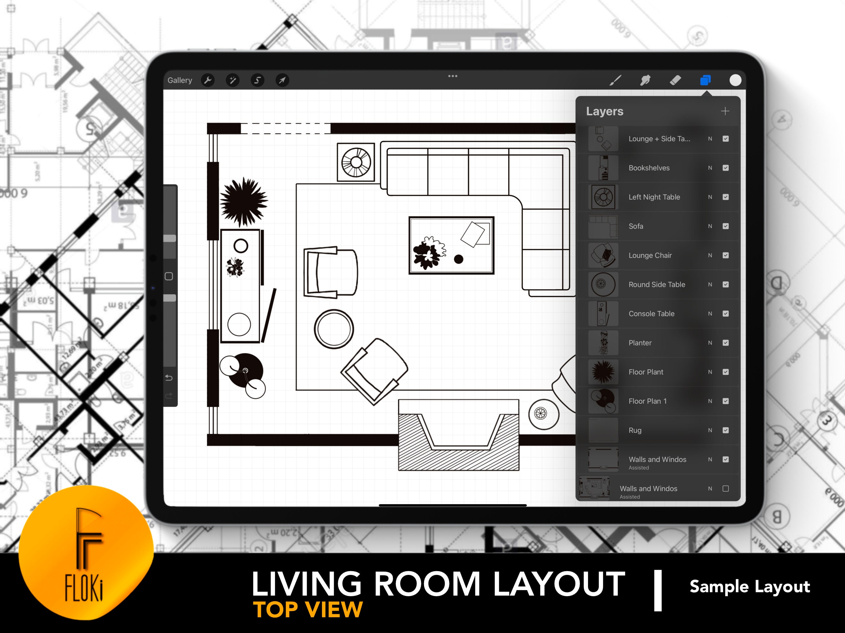 Architectural Living Room Layout for Procreate | Living Room Design 22 ...