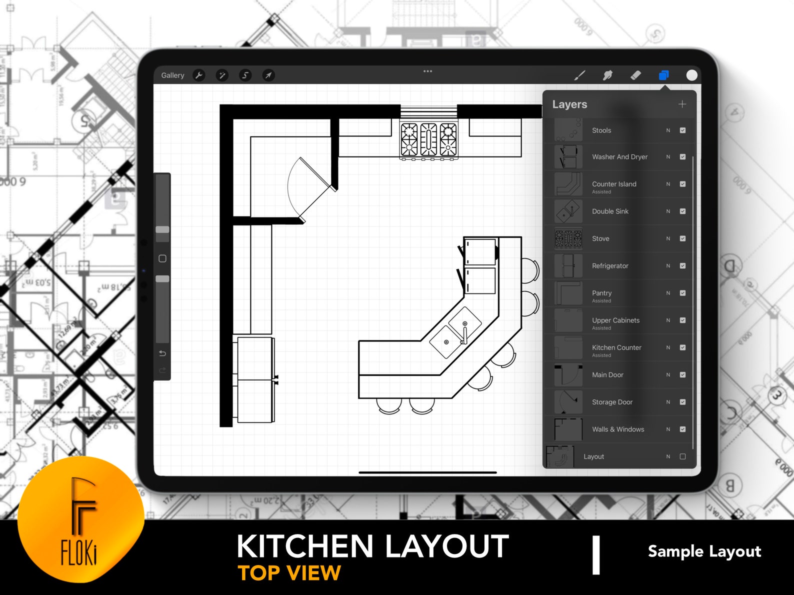 Architectural Kitchen Layout for Procreate | Kitchen Design 9 | Kitchen ...