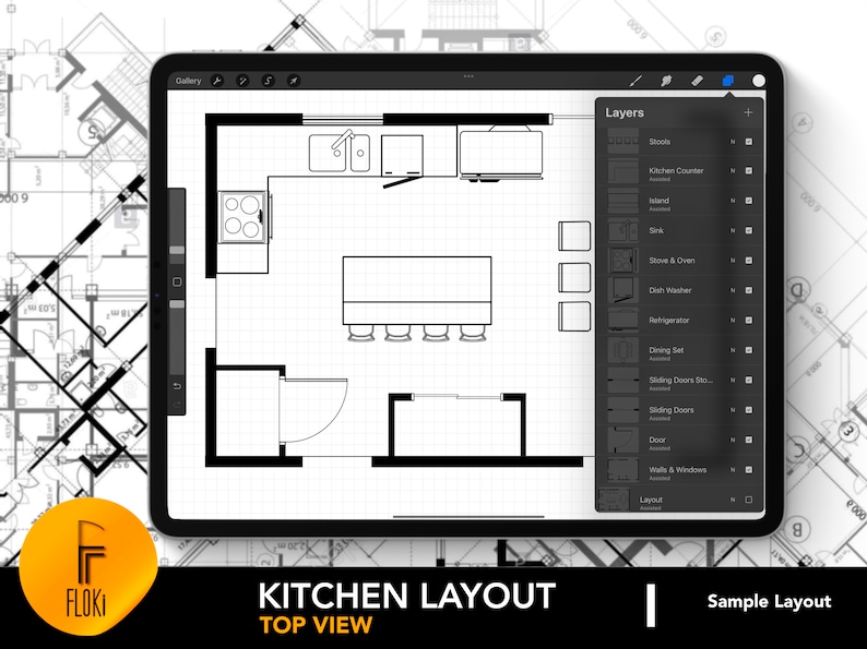 Architectural Kitchen Layout for Procreate | Kitchen Design 5 | Kitchen ...