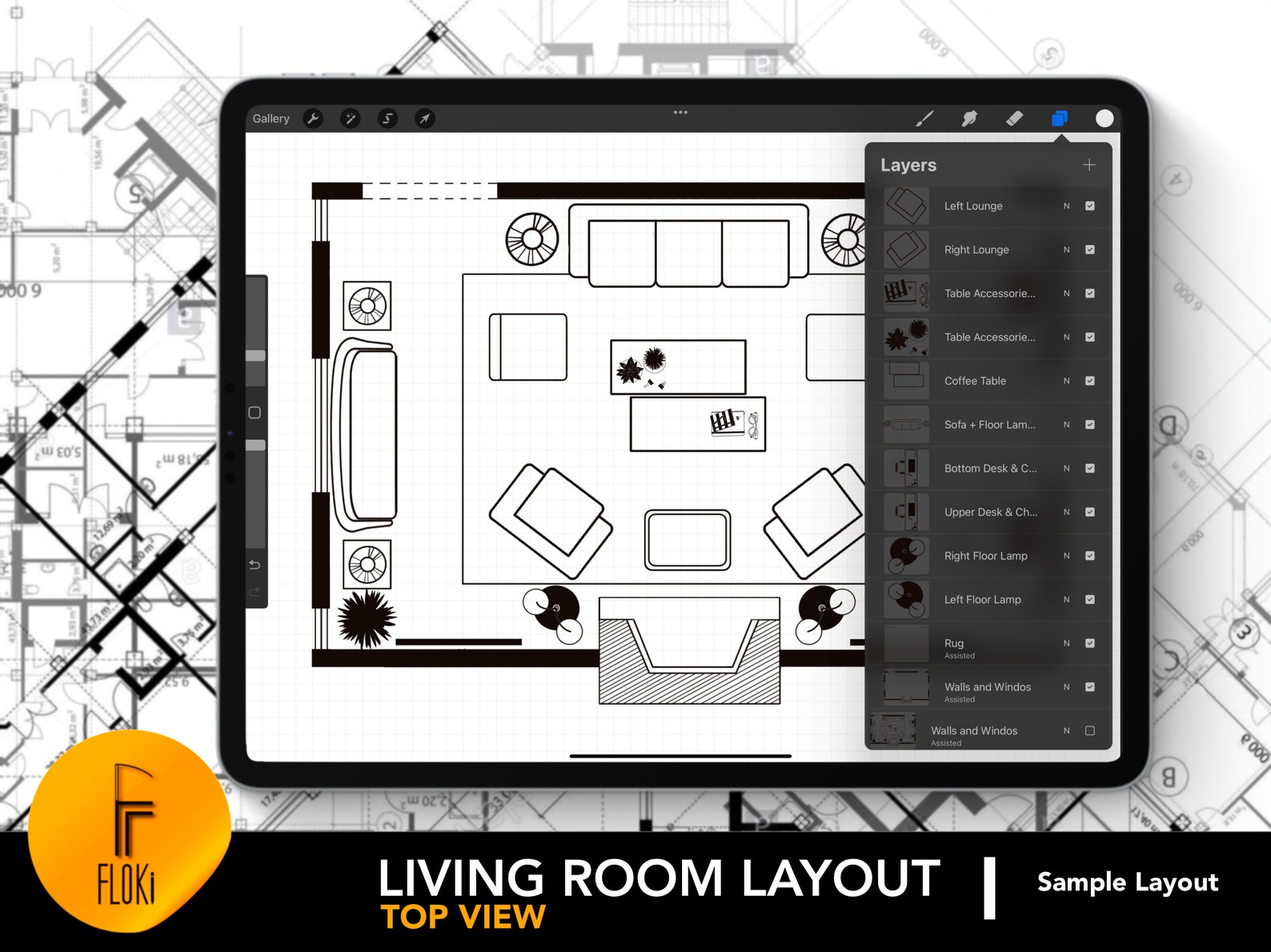 Architectural Living Room Layout for Procreate | Living Room Design 23 ...