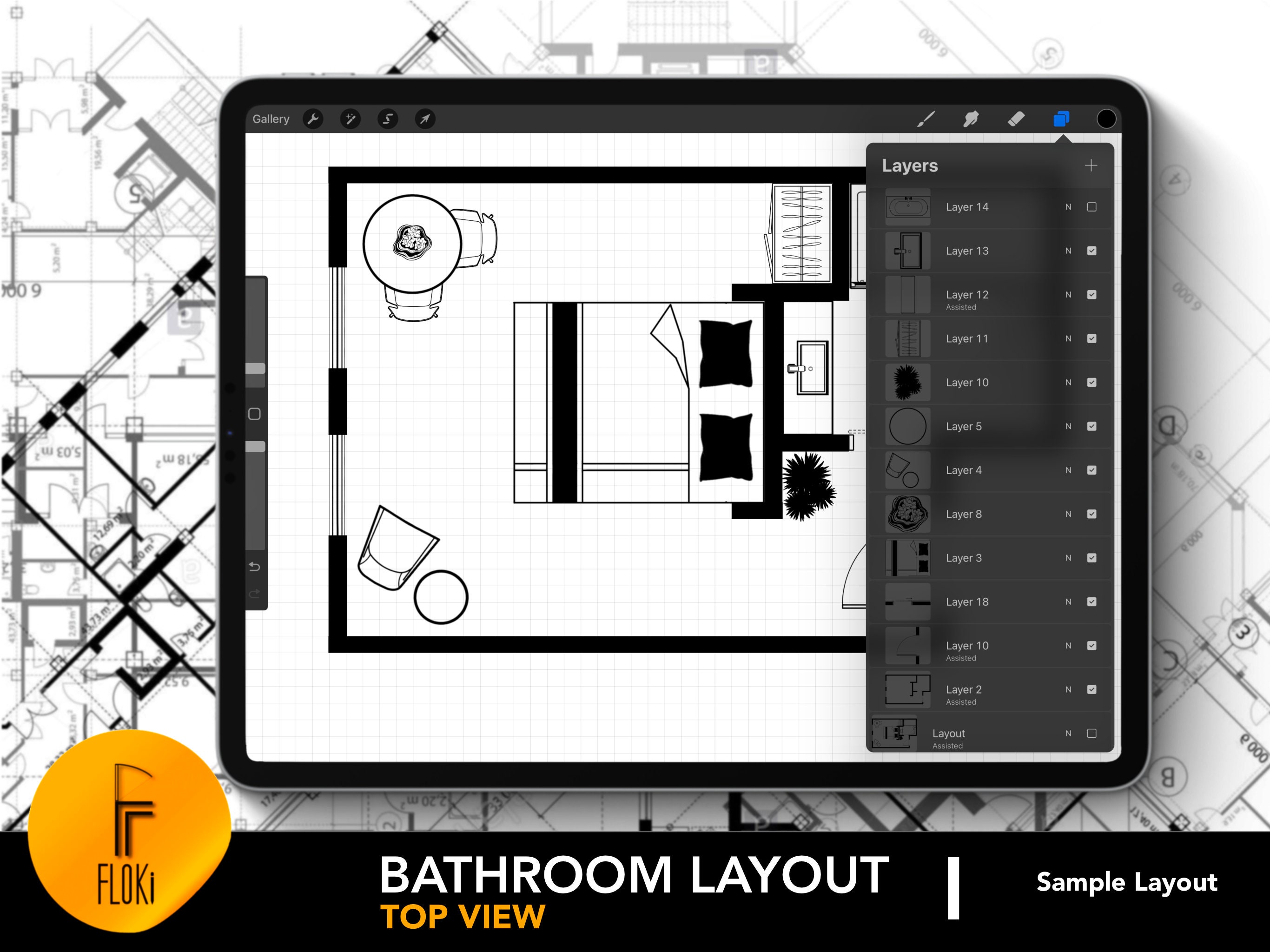 Architectural Bathroom Layout for Procreate | Bathroom Design 27 ...