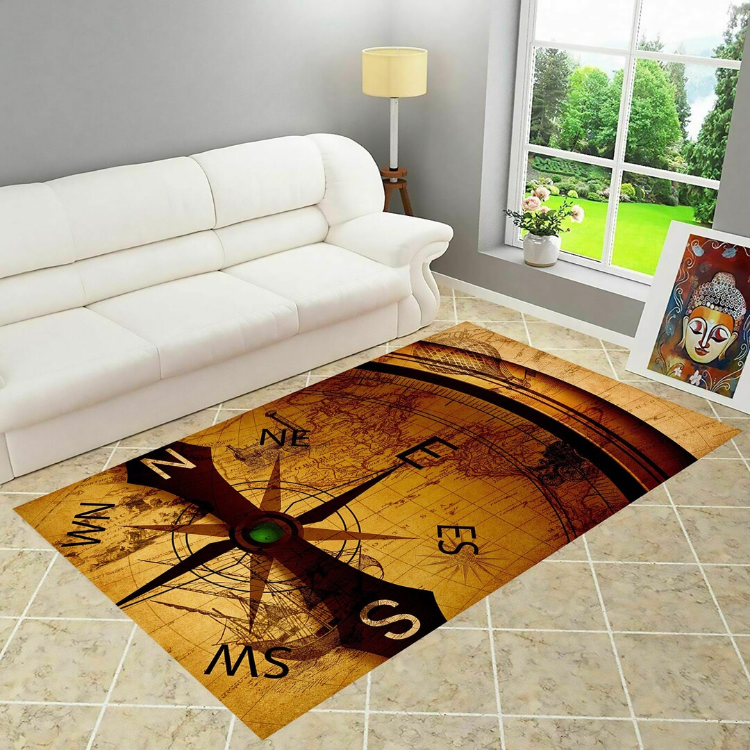 Map and Compass Rug, Map Pattern, Themed Rug, Housewarming Gift, Home ...