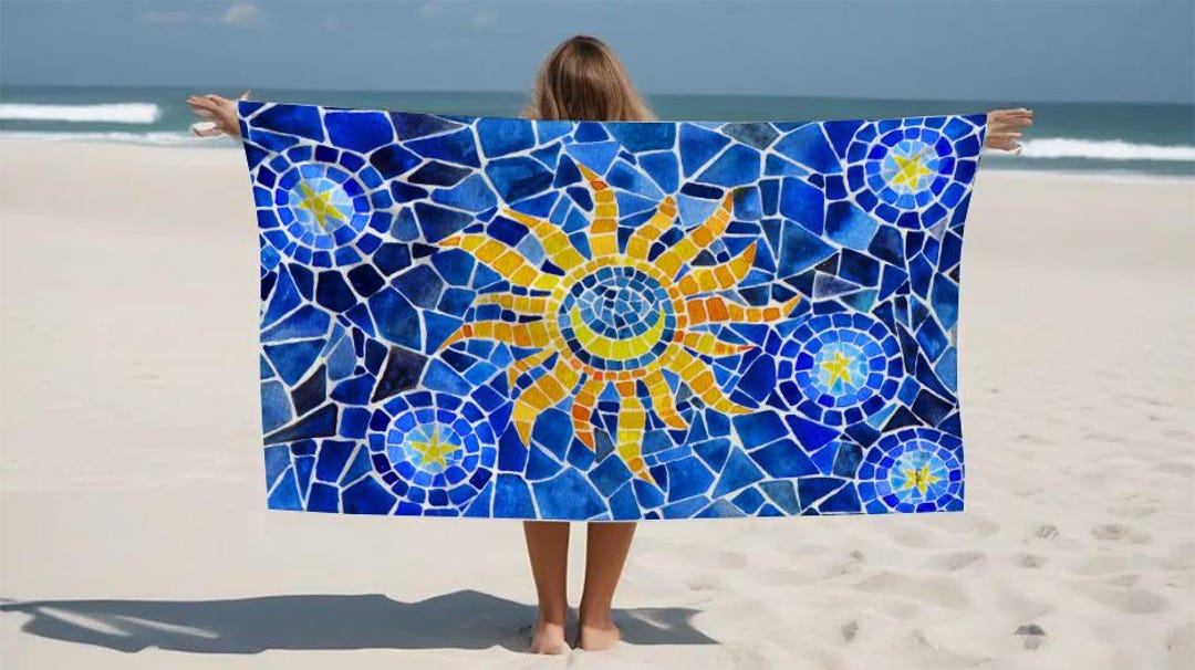 Sun Pattern Towel - Blue Towel Set - Custom Beach Towel - Retro Colors ...