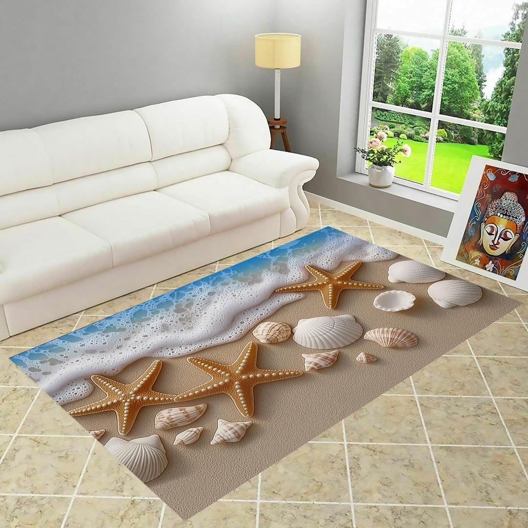 Seashells Beach Rug, Starfish Ocean Wave Desig, Beach Coastal Area Rug ...