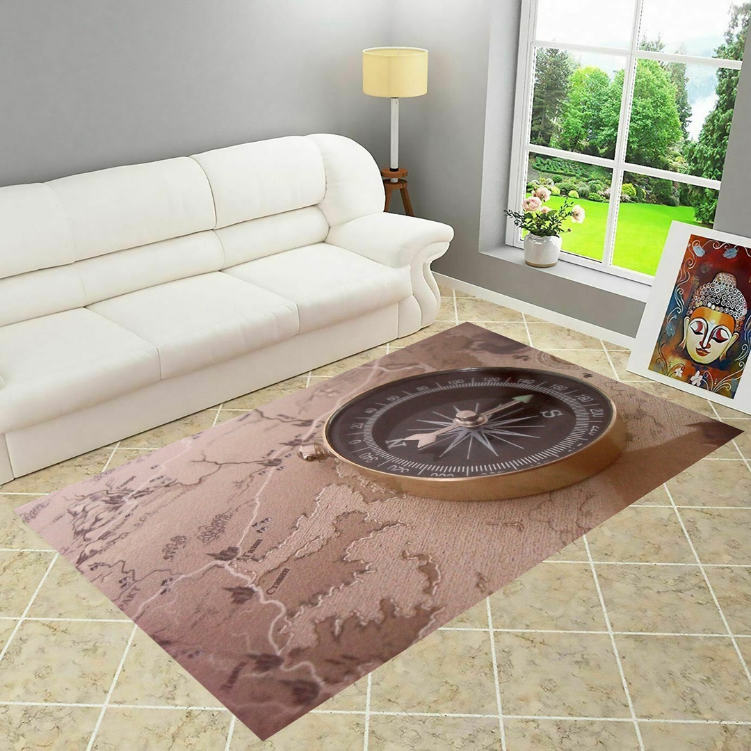 Map and Compass Rug, Pattern Rug, Housewarming Gift, Floor Non Slip Rug ...