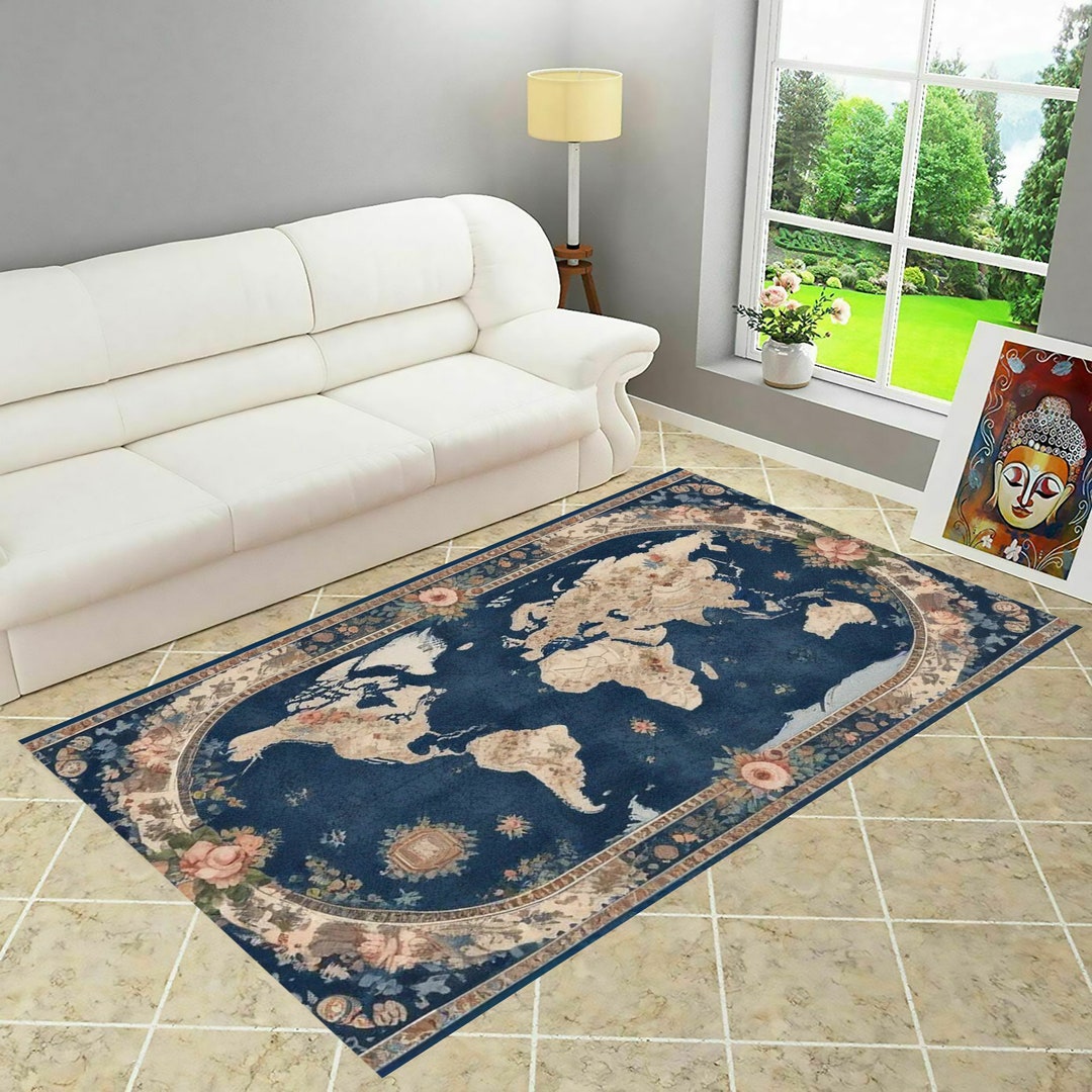 Blue Decor Map Rug,world Map Rug,modern Rug,learning Rug,old World Map ...