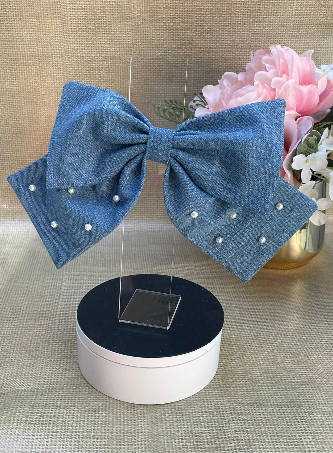 Denim Bow, Denim Coquette Bow, Pearls Bow, Hair's Accessory, Girl's ...