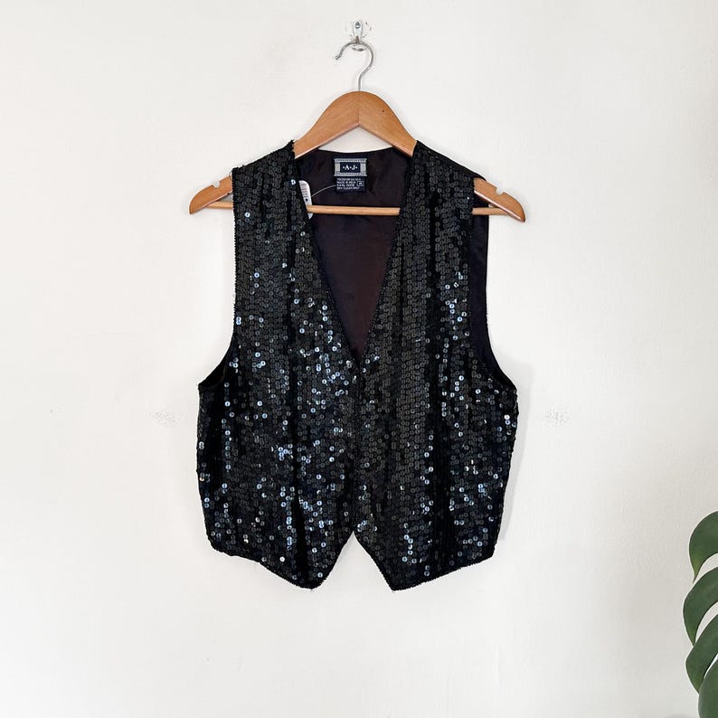 Vintage Black Sequin Silk Vest - Etsy