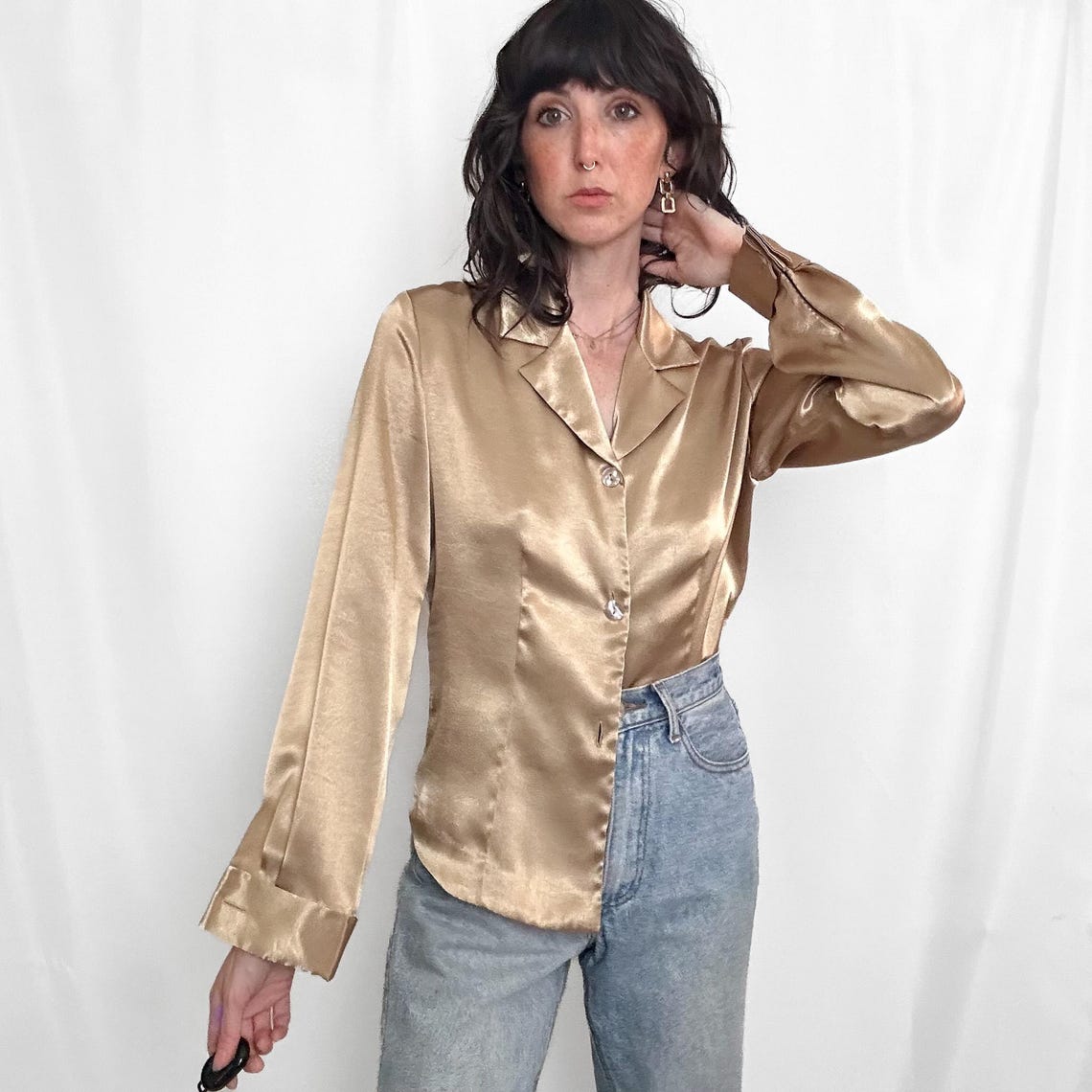 Vintage Liquid Gold Satin Button Down - Etsy