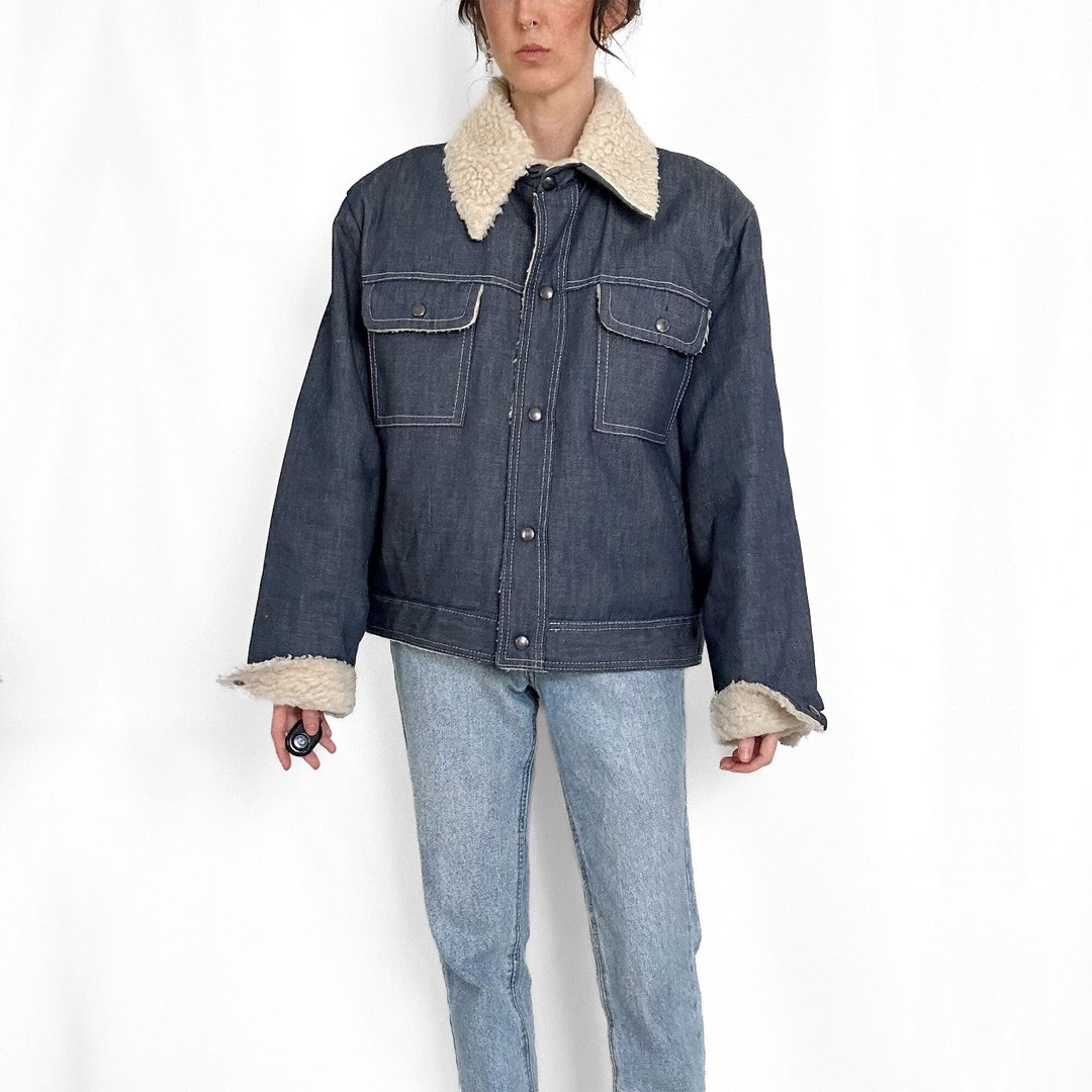 70s Faux Shearling Denim Jacket - Etsy