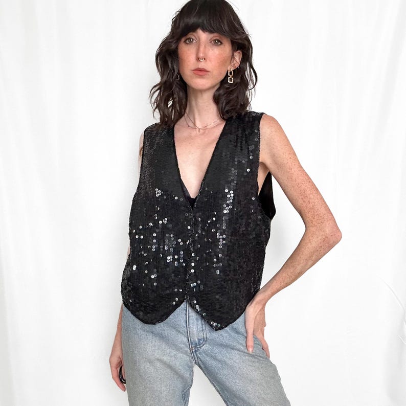 Vintage Black Sequin Silk Vest - Etsy