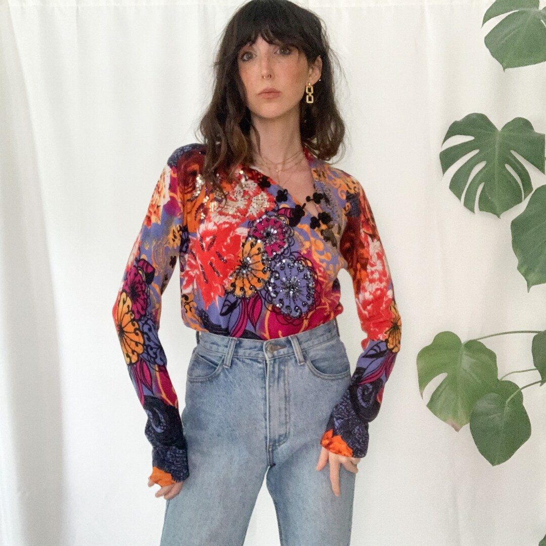 Alberto Makali Colorful Floral Sequin Knit Top - Etsy