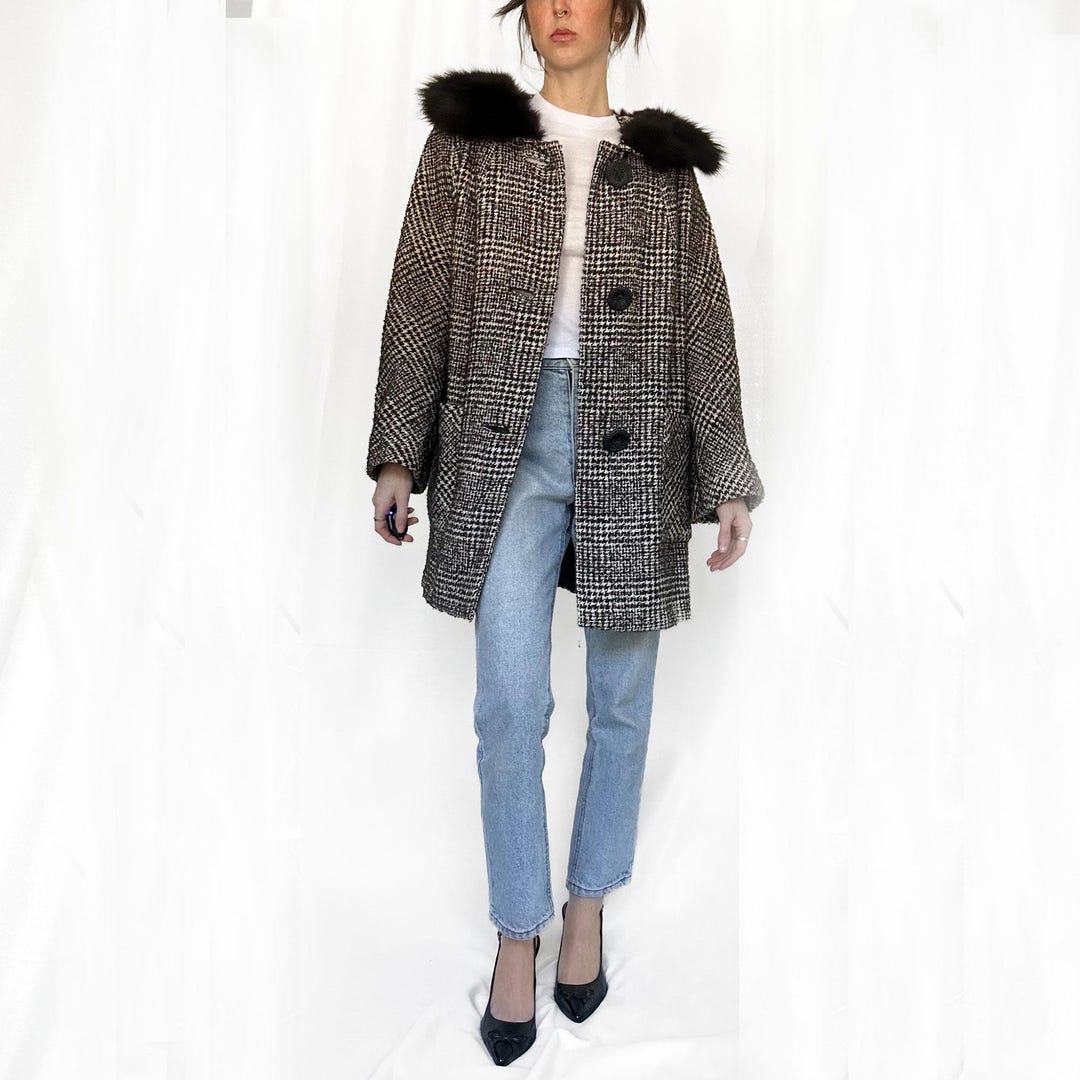 Vintage 60s Houndstooth Fur Collar Swing Coat - Etsy