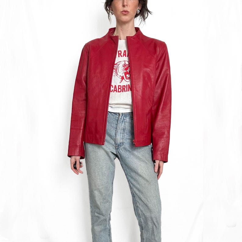 Vintage Red Cropped Leather Jacket - Etsy