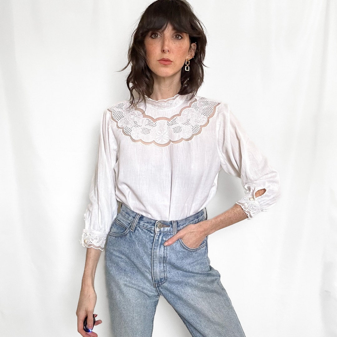 Vintage White Edwardian Eyelet Collar Top - Etsy